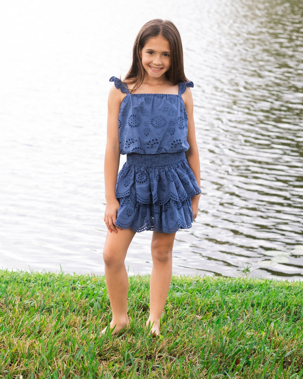 Girls Bryn Top & Skirt Set In Steel Blue San Andrés Eyelet | CHANGE OF ...