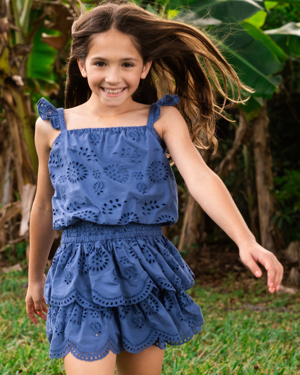 Girls Bryn Top & Skirt Set In Steel Blue San Andrés Eyelet | CHANGE OF ...